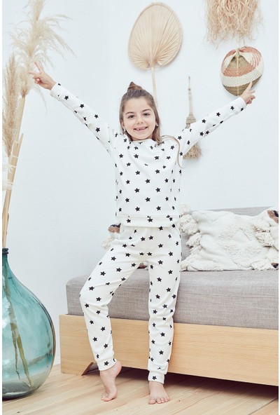 Eros 29611 Interlok O Yaka Yıldız Desenli Kız Çocuk Pijama Takımı-Ekru