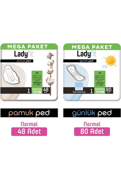 Ladyfit Pamuk Ped Mega Normal 48 Adet + Günlük Ped Mega Normal 80 Adet Ladyfit Pamuk Ped Mega Normal 48 Adet + Günlük Ped Mega Normal 80 Adet