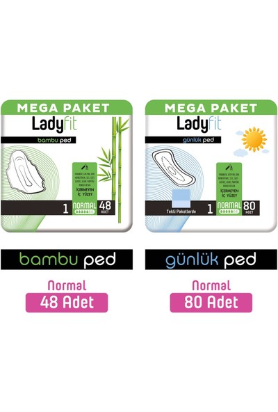 Ladyfit Bambu Ped Mega Normal 48 Adet + Günlük Ped Mega Normal 80 Adet Ladyfit Bambu Ped Mega Normal 48 Adet + Günlük Ped Mega Normal 80 Adet