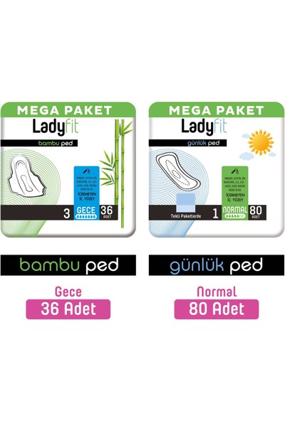 Ladyfit Bambu Ped Mega Gece 36 Adet + Günlük Ped Mega Normal 80 Adet Ladyfit Bambu Ped Mega Gece 36 Adet + Günlük Ped Mega Normal 80 Adet