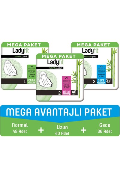 Ladyfit Bambu Ped Mega Avantajlı Paket (Normal 48 Adet + Uzun 40 Adet + Gece 36 Adet) Ladyfit Bambu Ped Mega Avantajlı Paket (Normal 48 Adet + Uzun 40 Adet + Gece 36 Adet)