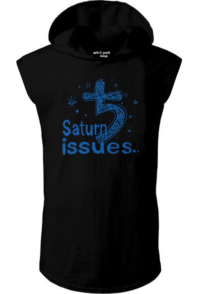 Artaport Design Unisex Satürn Issues Tasarım Kapüşonlu Kolsuz Siyah T-Shirt