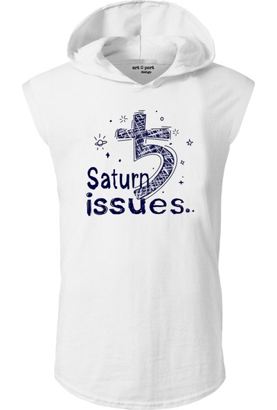 Artaport Design Unisex Satürn Issues Tasarım Kapüşonlu Kolsuz Beyaz T-Shirt