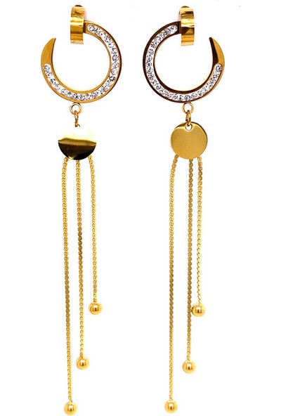 Üçlü Zirkon Gold Taşlı Çelik Küpe