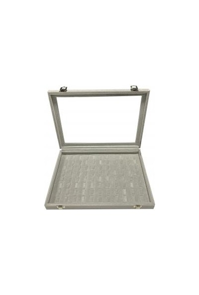 kutuveaksesuar Camlı Yüzük Kutusu Tırnaklı Gri Süet Kumaş Kaplama