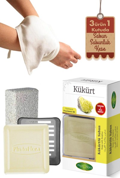 PHYTOFLORA Kükürt Özlü Doğal Sabun Kese + Sabunluk + Ponza Taşı PHYTOFLORA Kükürt Özlü Doğal Sabun Kese + Sabunluk + Ponza Taşı
