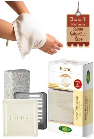 PHYTOFLORA Pirinç Özlü Doğal Sabun Kese + Sabunluk + Ponza Taşı PHYTOFLORA Pirinç Özlü Doğal Sabun Kese + Sabunluk + Ponza Taşı
