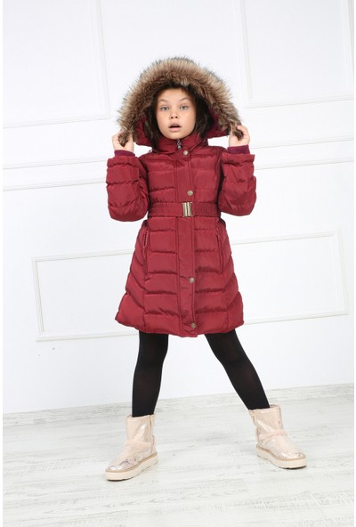 Passion Bordo Kız Çocuk Peluşu Çıkarılabilir Kemerli Şişme Kaban Mont