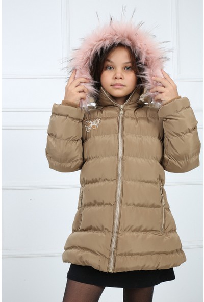 Passion Taş Kız Çocuk Kelebek Desenli Peluşlu Kapüşonlu Şişme Kaban Mont