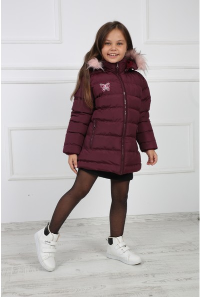 Passion Mor Kız Çocuk Kelebek Desenli Peluşlu Kapüşonlu Şişme Kaban Mont