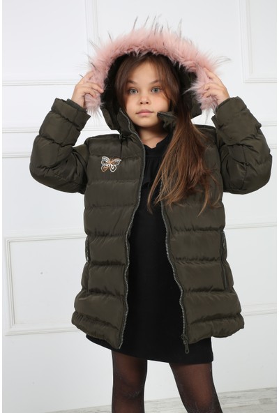 Passion Haki Kız Çocuk Kelebek Desenli Peluşlu Kapüşonlu Şişme Kaban Mont