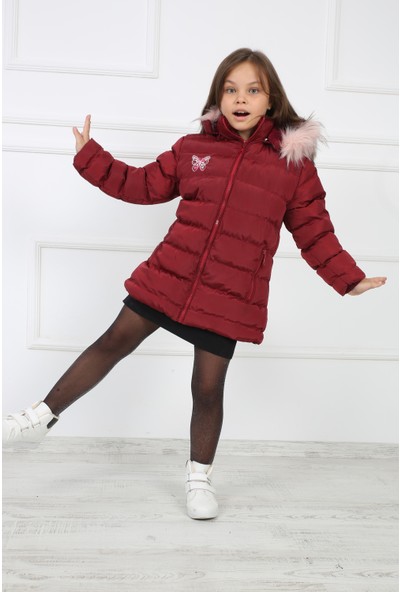 Passion Bordo Kız Çocuk Kelebek Desenli Peluşlu Kapüşonlu Şişme Kaban Mont