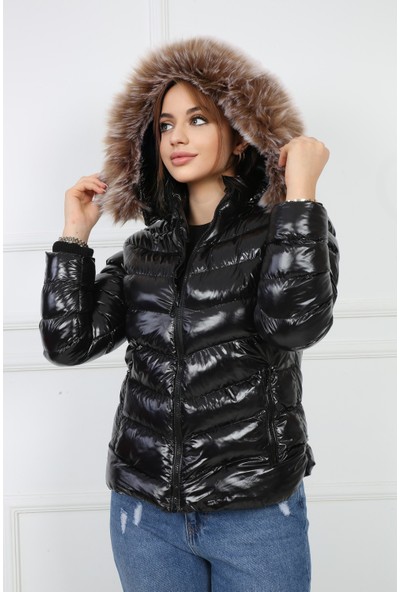 Passion Siyah Kadın Peluşu Çıkarılabilir Spor Parlak Şişme Mont