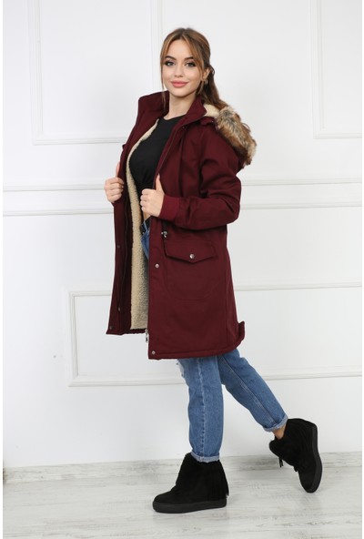 Passion Bordo Kadın Peluşu Çıkarılabilir Gabardin Kumaş Kaban Mont