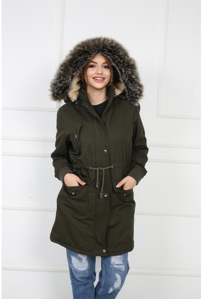 Passion Haki Kadın Peluşu Çıkarılabilir Gabardin Kumaş Kaban Mont