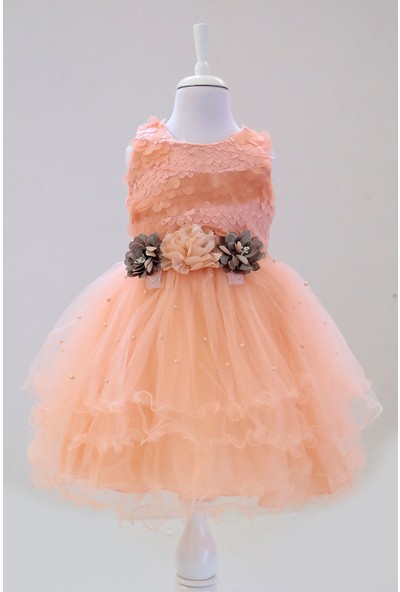 Mika Bebek Boncuklu Kabarık Tüllü Somon Kız Çocuk Abiye Elbise