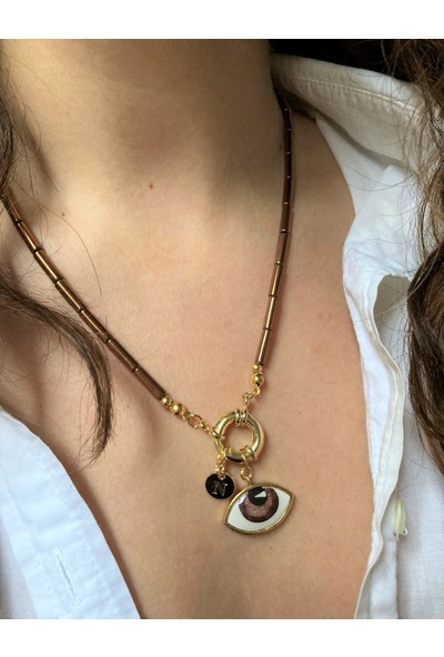 Floom Jewelry Kahverengi Hematit ve Kahverengi Göz Detaylı Harfli Kolye