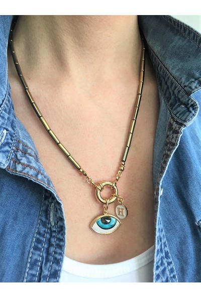 Floom Jewelry Gold Hematit ve Turkuaz Göz Detaylı Harfli Kolye Floom Jewelry Gold Hematit ve Turkuaz Göz Detaylı Harfli Kolye