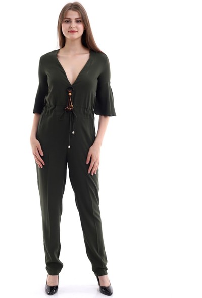 DİANKA FASHİON Kadın V Yaka Ispanyol Kol Tulum