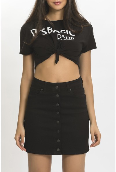 Its Basic Önü Düğmeli Siyah Yüksek Bel Kadın Jean Etek