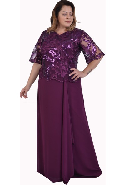 Lilas Büyük Beden Fuşya Renkli Kısa Kollu Uzun Abiye Elbise