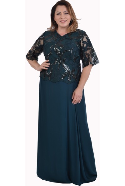 Lilas Büyük Beden Petrol Renkli Kısa Kollu Uzun Abiye Elbise