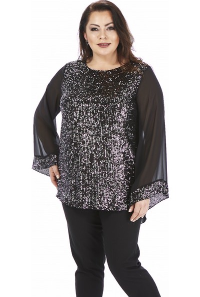 Lilas Büyük Beden Siyah Renkli Payetli Şifon Bluz Lilas Büyük Beden Siyah Renkli Payetli Şifon Bluz