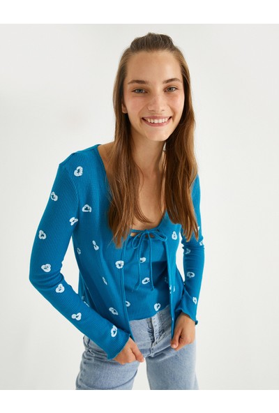 Koton Çiçek Baskılı Hırka Bağlamalı Pamuklu