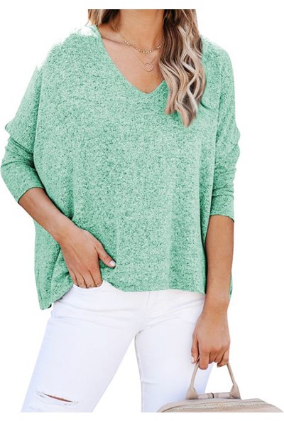 Zhonglan Kadın V Yaka Düz Renk Uzun Kollu Üst (Yurt Dışından)