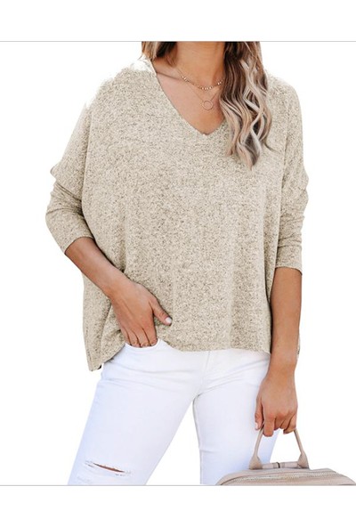 Zhonglan Kadın V Yaka Düz Renk Uzun Kollu Üst (Yurt Dışından)