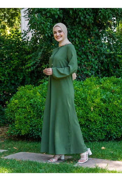 Tavin A Pile Fiyonk Yaka Detaylı Bileği Lastikli Elbise -Haki-Tavin