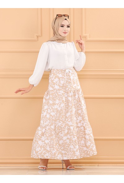 Tofisa Desenli Etek - Bej - Tofisa