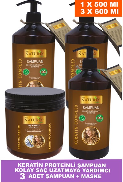 Naturix Tuzsuz Keratin Şampuan 3 Adet 600 ml Onarıcı Bakım Şampuanı + 500 ml Keratin Bakım Maskesi Naturix Tuzsuz Keratin Şampuan 3 Adet 600 ml Onarıcı Bakım Şampuanı + 500 ml Keratin Bakım Maskesi