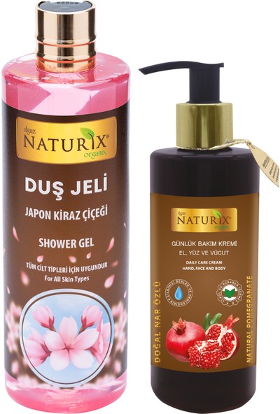 Naturix 2'li Set Aromatik Japon Kirazı Duş Jeli 400 ml + Nar Özlü C Vitaminli El Yüz Vücut Kremi 250 ml