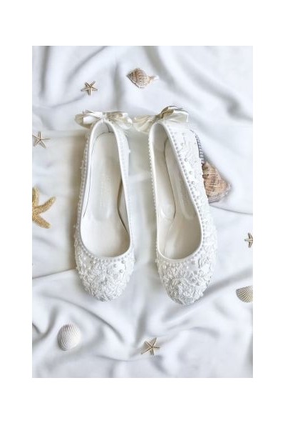 Mello Ayakkabı Fransız Dantel Gelin Babet Ayakkabısı