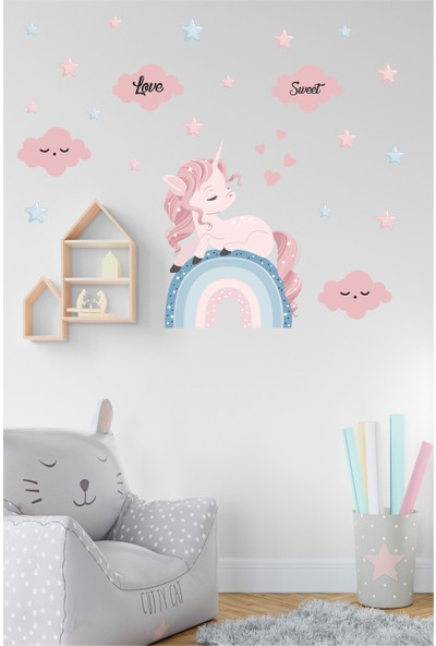 BK Decor Gökkuşağı Üzerindeki Pembe Unicorn ve Gökyüzü Çocuk Odası Duvar Sticker BK Decor Gökkuşağı Üzerindeki Pembe Unicorn ve Gökyüzü Çocuk Odası Duvar Sticker
