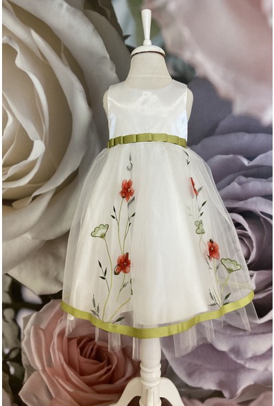 Dide Kids Dide Kız Çocuk Nakışlı Ekru Organze Elbise