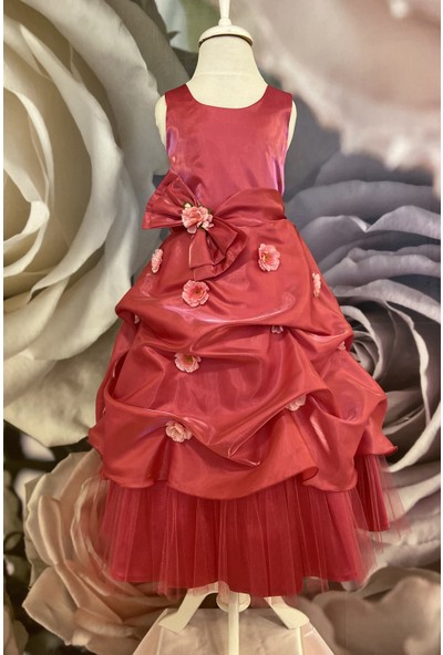 Dide Kids Dide Kız Çocuk 3 Boyutlu Çiçekli Saten Organze Uzun Elbise