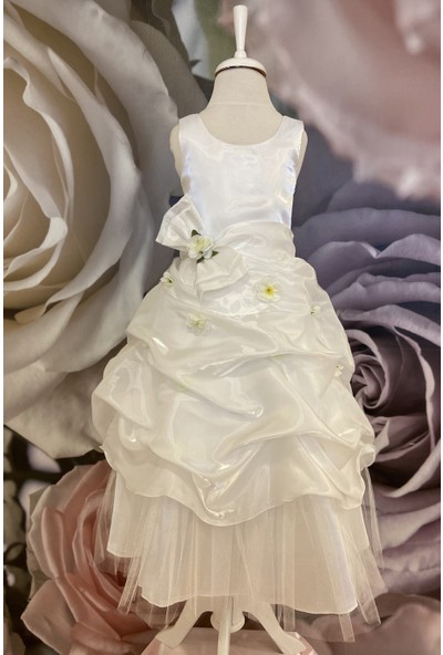 Dide Kids Dide Kız Çocuk 3 Boyutlu Çiçekli Saten Organze Uzun Elbise