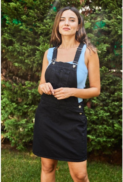 Lars Butik Kadın Siyah Kot Kısa Salopet