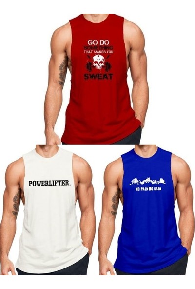 Black İstanbul 3'lü Set Erkek Regular Fit Baskılı Bisiklet Yaka Kolsuz T-Shirt