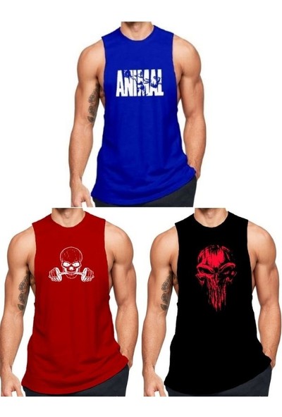 Black İstanbul 3'lü Set Erkek Regular Fit Baskılı Bisiklet Yaka Kolsuz T-Shirt