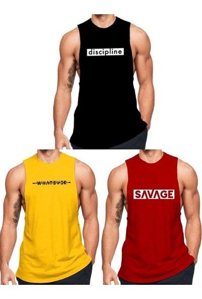 Black İstanbul 3'lü Set Erkek Regular Fit Baskılı Bisiklet Yaka Kolsuz T-Shirt