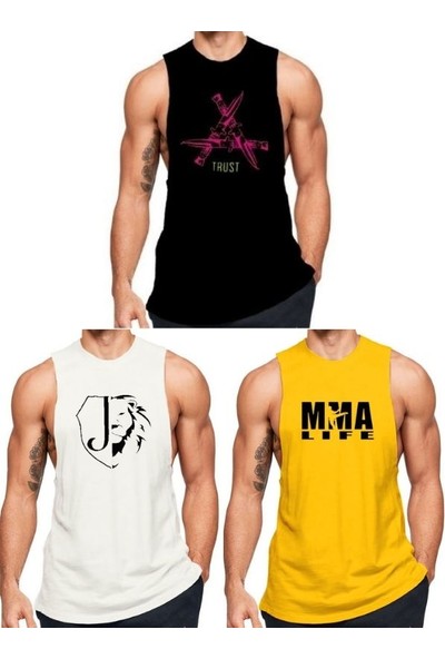 Black İstanbul 3'lü Set Erkek Regular Fit Baskılı Bisiklet Yaka Kolsuz T-Shirt