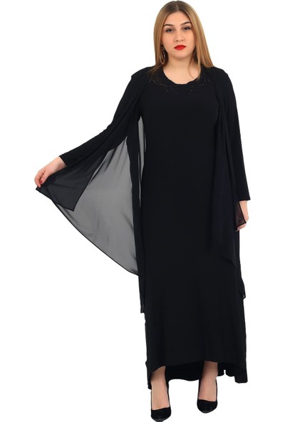Günay Fierte Kadın Büyük Beden Abiye Elbise UGZ5112 V Yaka Uzun Kol Sandy Kumaş Kolsuz Taş Işleme Detay Ferace Kap Siyah