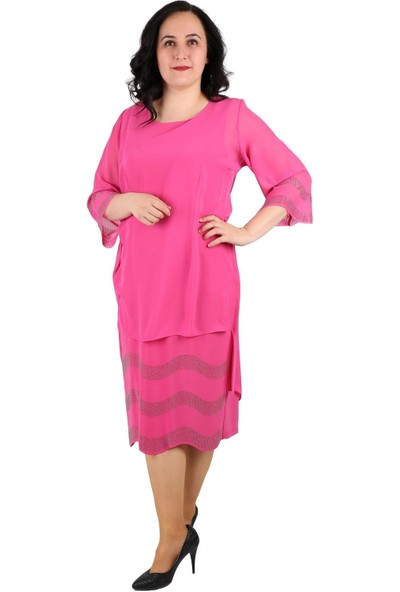 Günay Fierte Kadın Büyük Beden Abiye Elbise UGZ5249 Yuvarlak Yaka Truvakar Kol Şifon Iç Sandy Kumaş Taş Detay Fuşya Yeşil