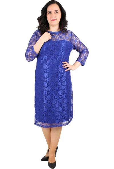 Günay Fierte Kadın Büyük Beden Abiye Elbise SPL3122 Yuvarlak Yaka Truvakar Kol Güpür Dantel Diz Altı Bordo Saks Mavi Yeşil Siyah