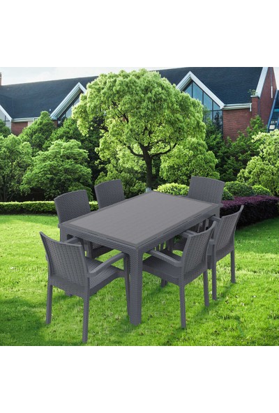 Doğrular Violet Rattan 90X150CM 6lı Camlı Bahçe Mutfak Masa Takımı Antrasit