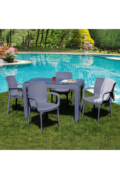Violet Rattan 70X120CM 4lü Camlı Bahçe Mutfak Masa Takımı Antrasit