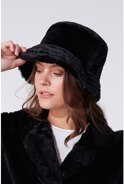 Siyah Peluş Bucket Şapka